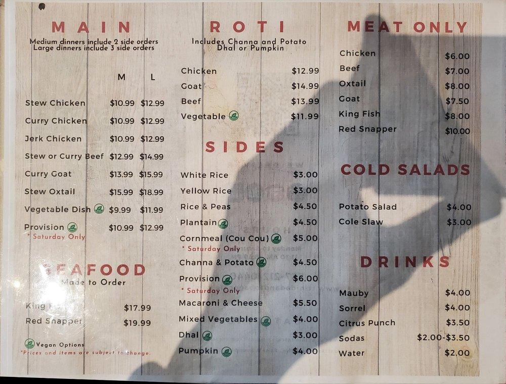 Menu at Trinidad & Tobago Café restaurant, Round Rock
