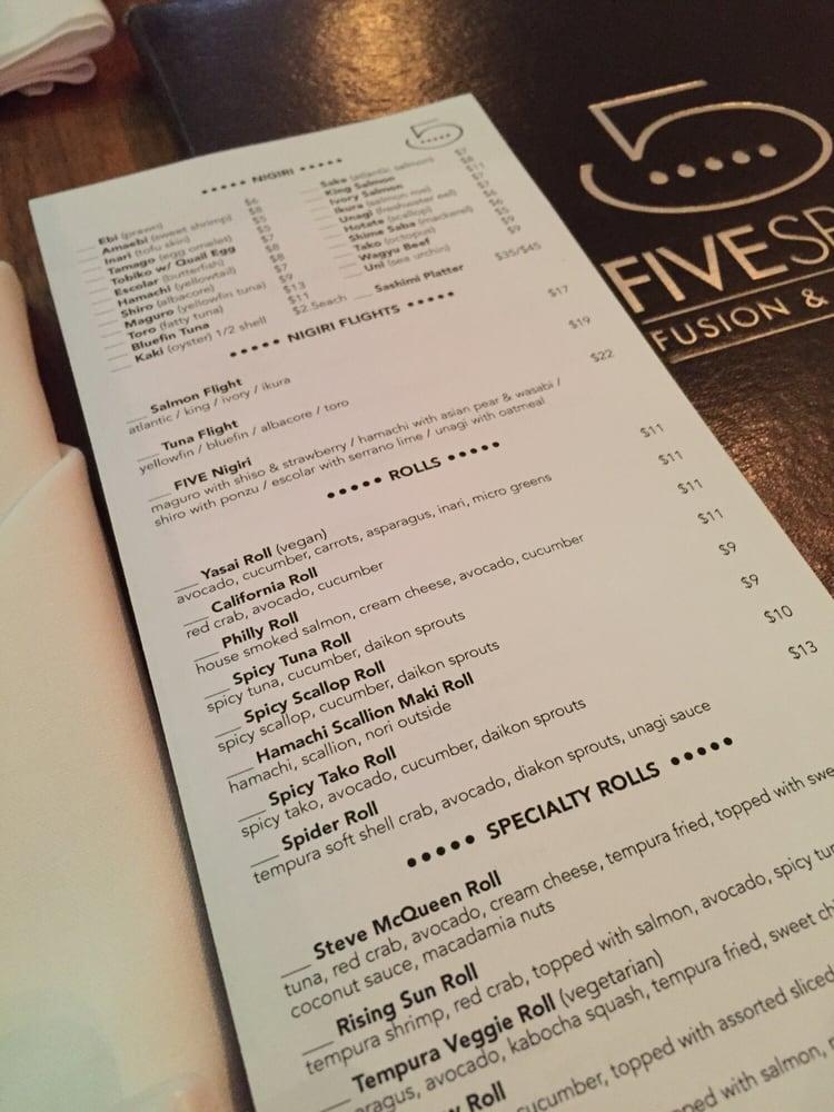 Menu at Five Fusion Modern Japanese Bar & Restaurant, Bend