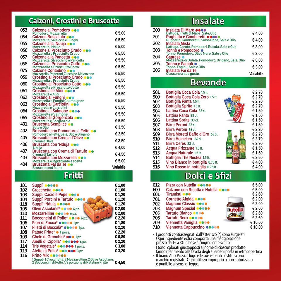 Speisekarte von Aho' Pizza, ROM, Via Mario Broglio 51