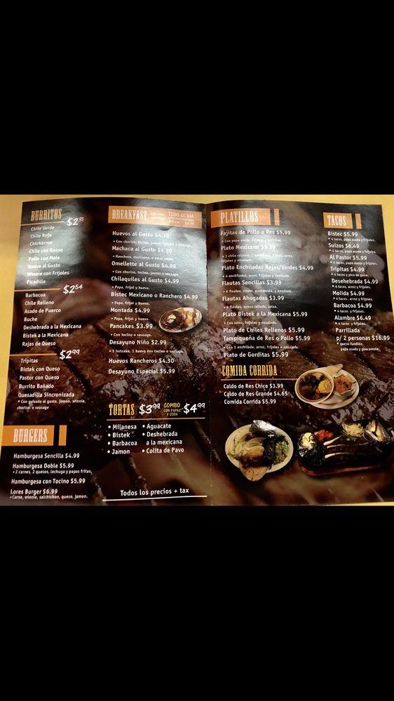Menu at Burritos Lore's restaurant, El Paso