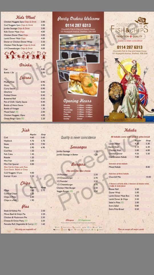 Menu at Churchill’s Fish & Chips Aston Sheffield restaurant, Sheffield