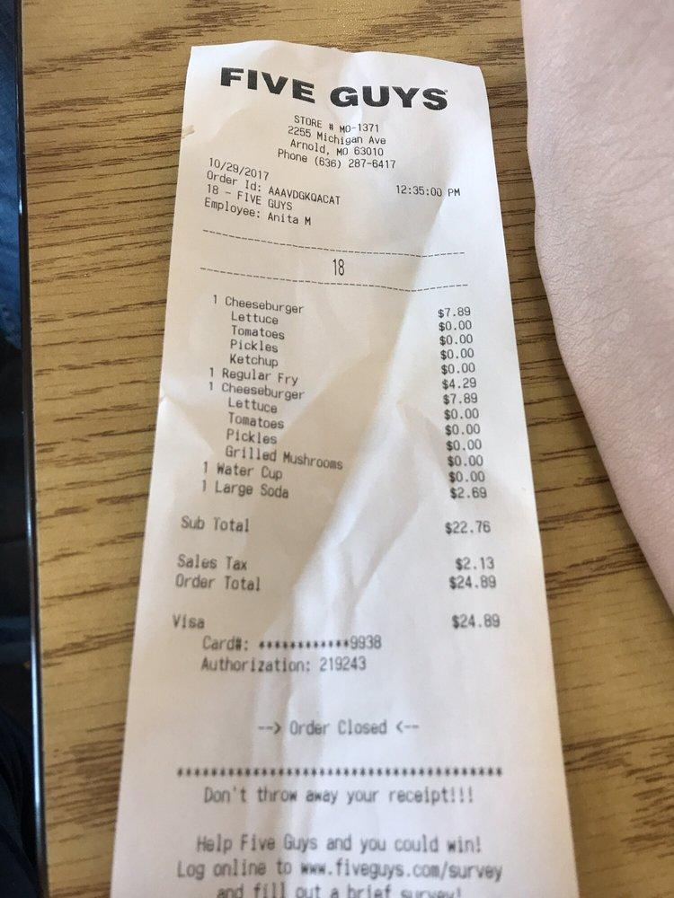 Menu at Five Guys fast food, Arnold