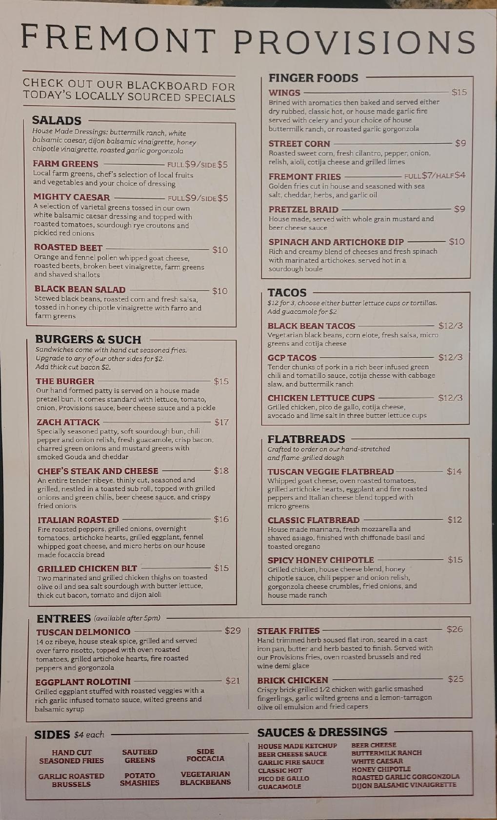 Menu at Fremont Provisions restaurant, Cañon City