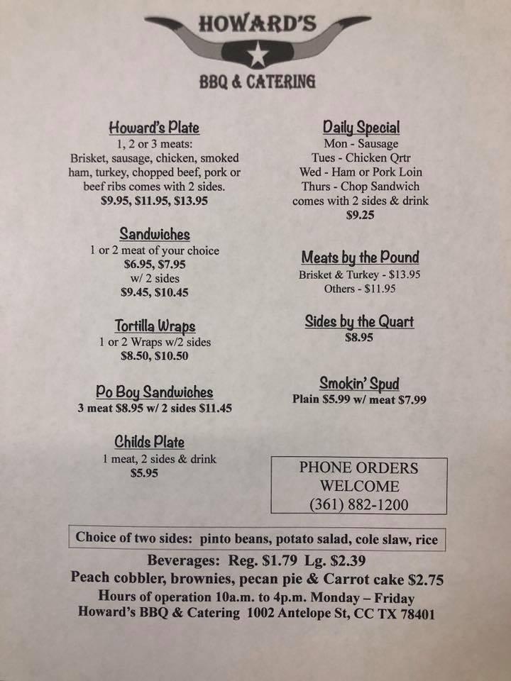 Carta de Howards BBQ & Catering, Corpus Christi, Antelope St