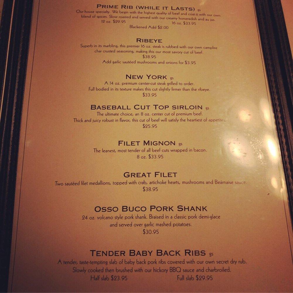 Menu at Jake's Downtown steakhouse, Billings