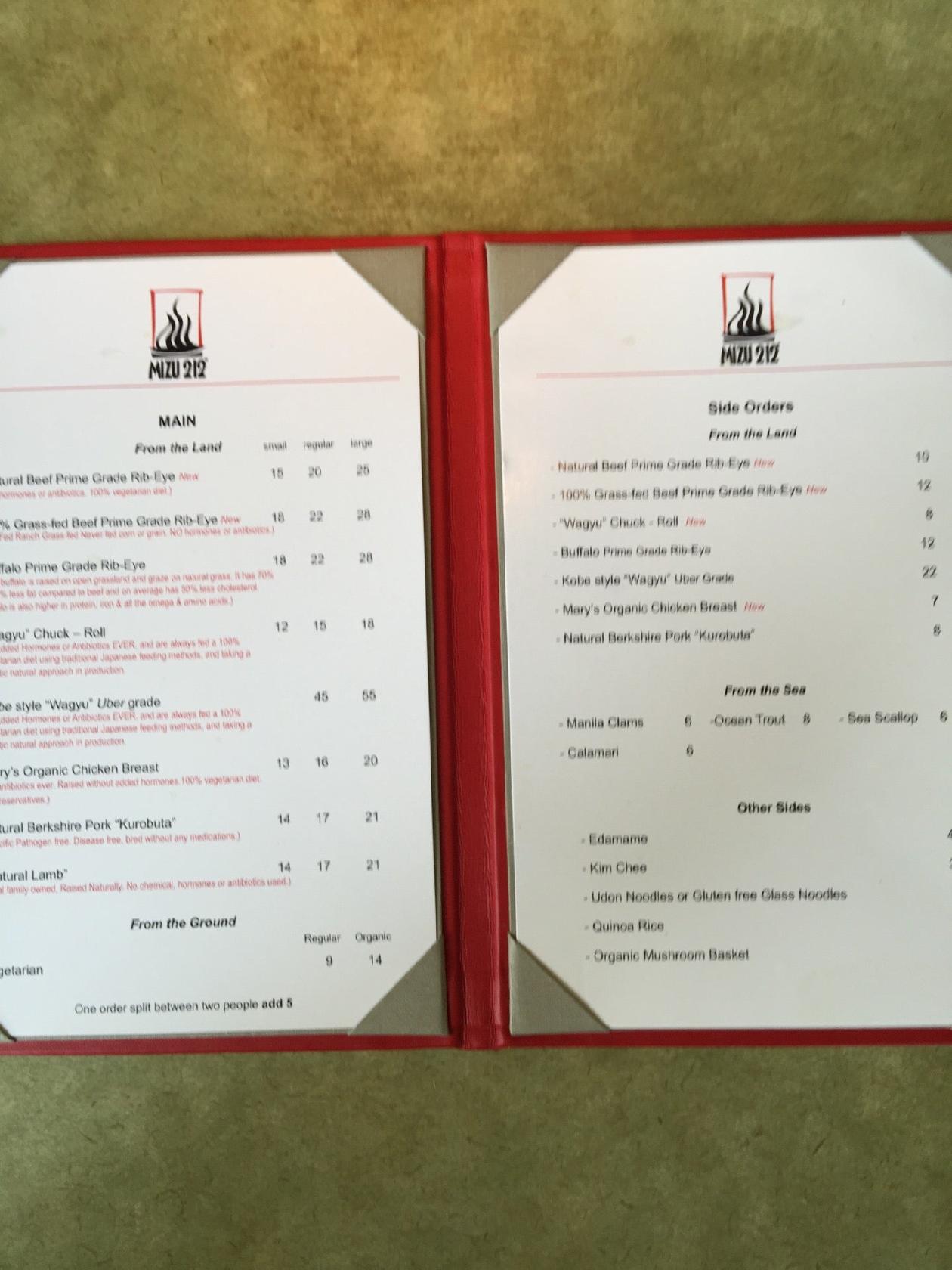 Menu at Mizu 212 restaurant, Los Angeles, Sawtelle Blvd