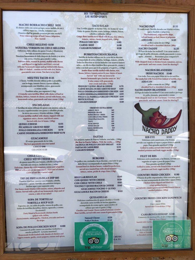 Menu at Nacho Daddy pub & bar, Puerto Vallarta, Basilio Badillo 287