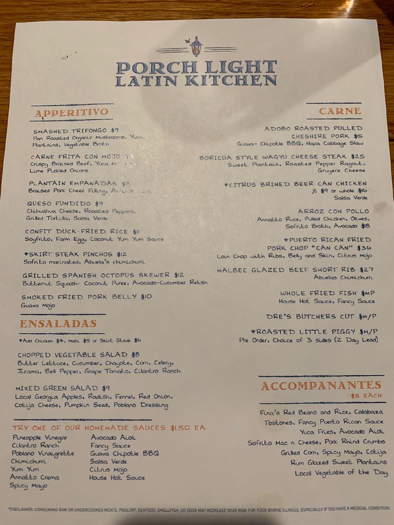 Menu at Porch Light Latin Kitchen restaurant, Smyrna