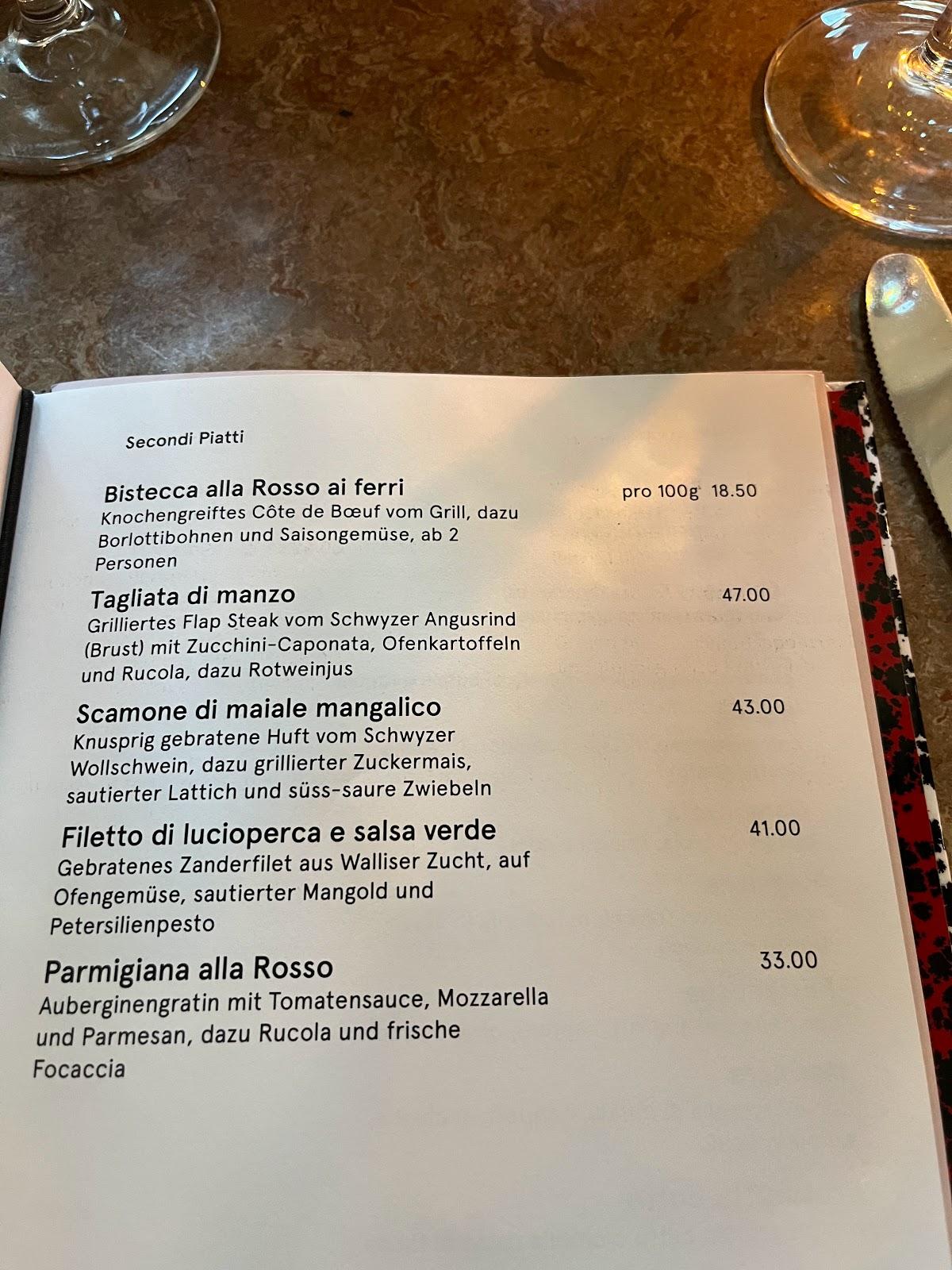 Menu at Rosso, Zürich