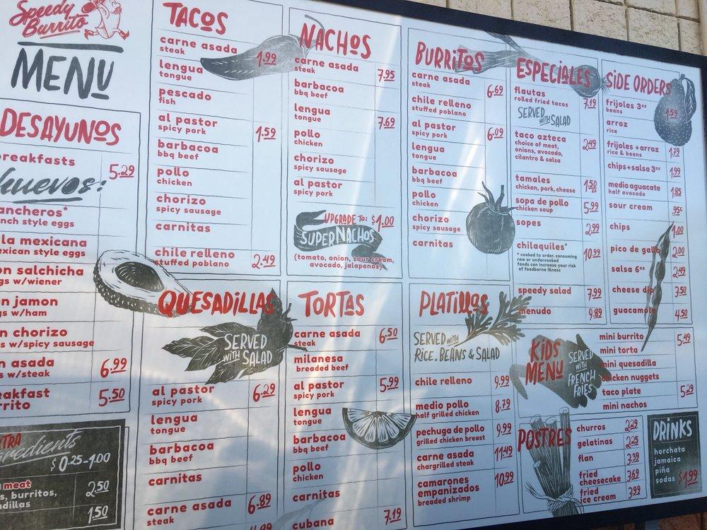 Menu at Speedy Burrito fast food, Winder