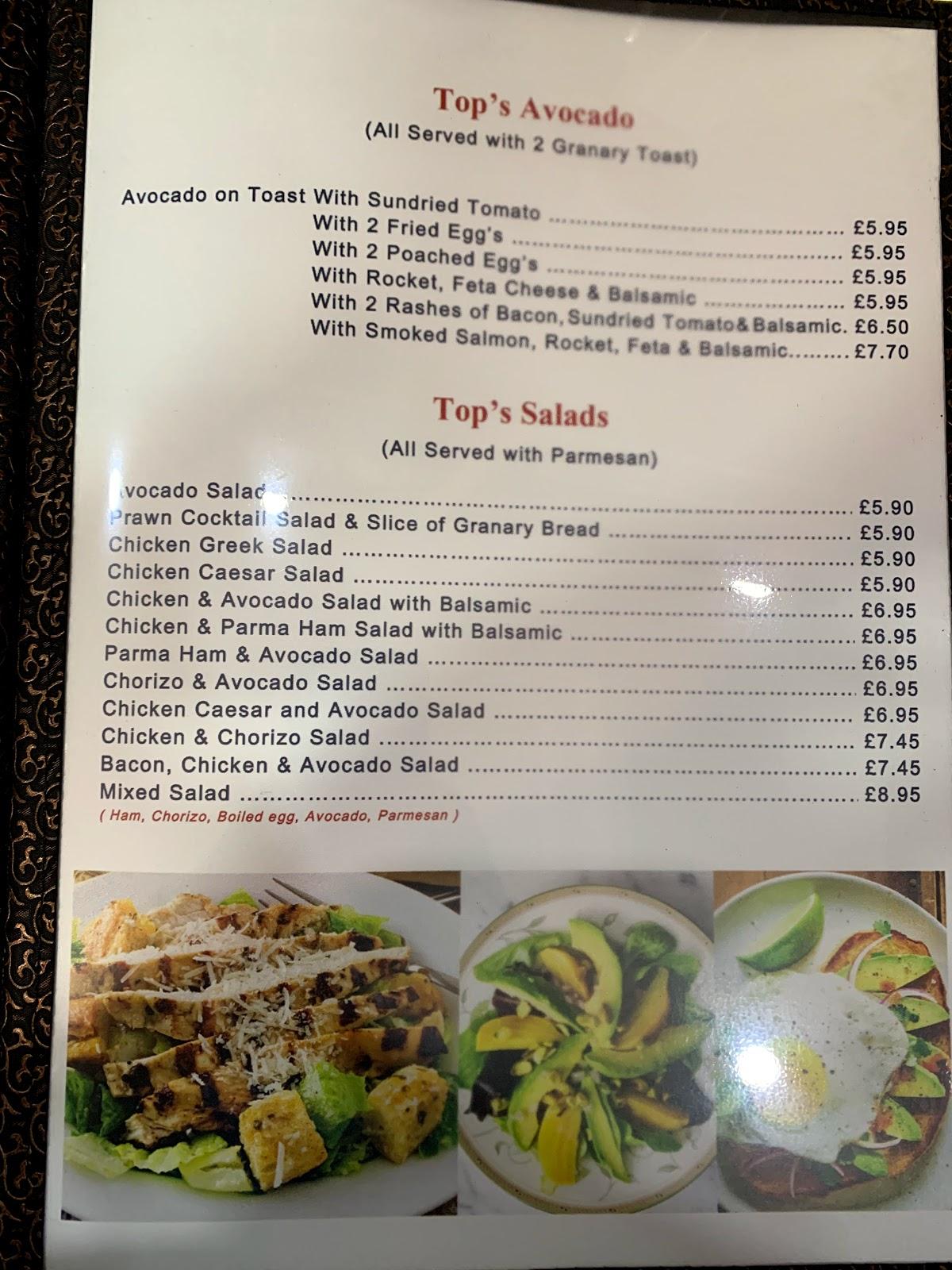 Carta de Top’s Cafe, Hornchurch