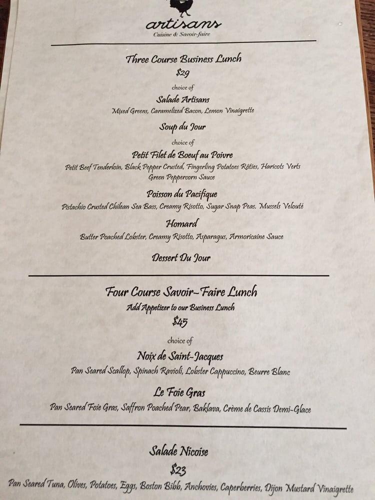 Menu at Artisans restaurant, Houston, Louisiana St