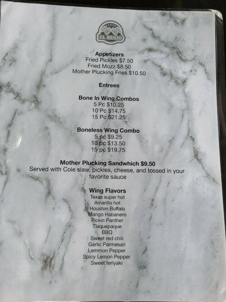 Menu at El Regio Wing Bar, Crosby