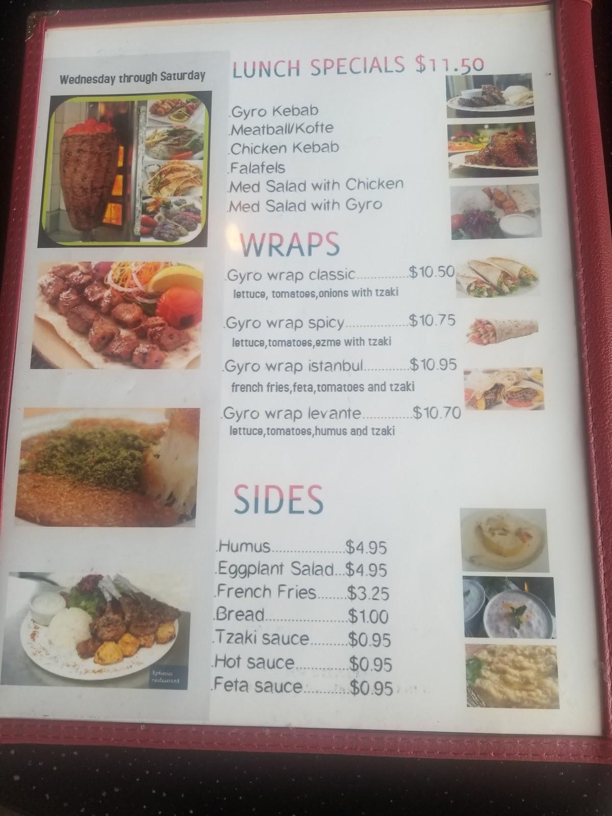 Menu at Ephesus Greek&Turkish kabob place restaurant, Augusta