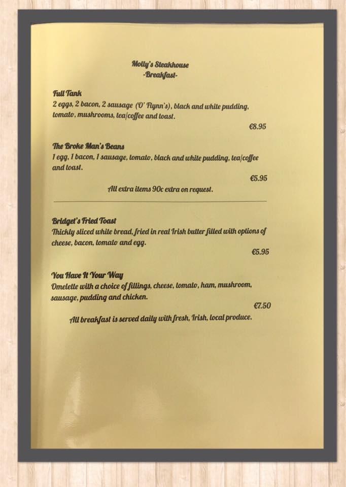 Menu at Molly’s pub & bar, Midleton