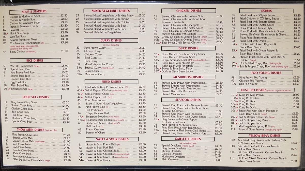 Menu at Wah Do fast food, Ilford, Broadway Market