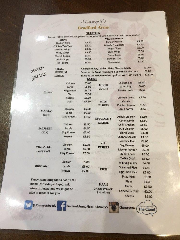 Menu at Champy's Bradford Arms pub & bar, Walsall, 504 Pleck Rd