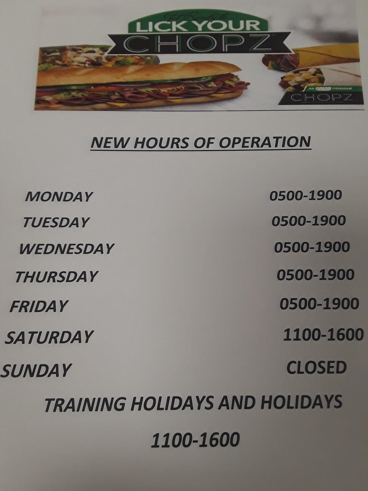 Menu at CHOPZ restaurant, Fort Sill