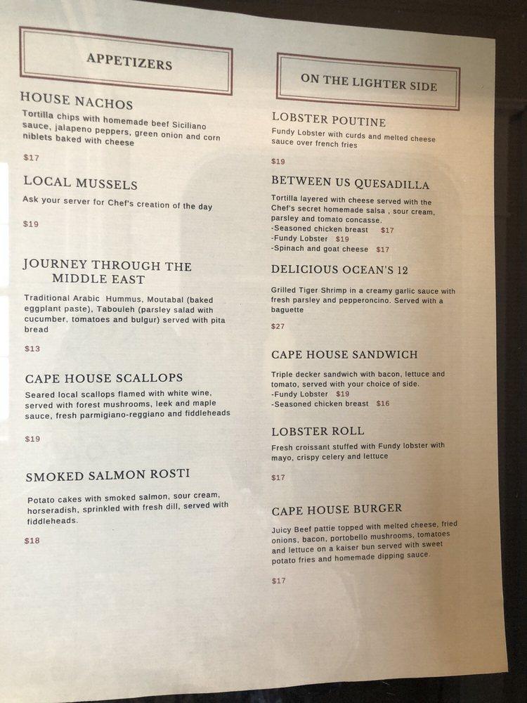 Menu at Cape House Restaurant, Canada, 650 Cape Enrage Rd