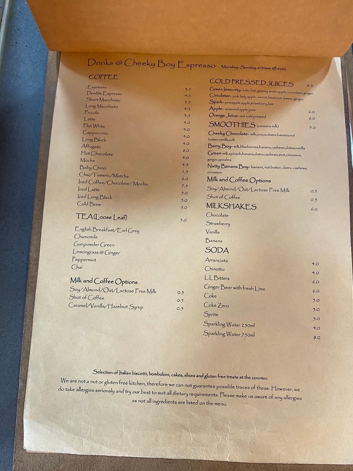 Menu at Cheeky Boy Espresso cafe, Applecross