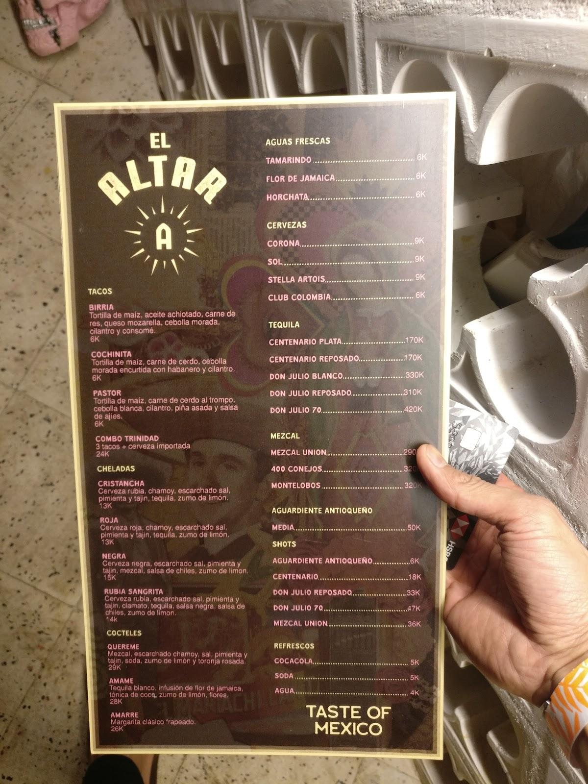 Carta del restaurante El Altar Taquería Manila, Medellín, Cra. 43E #11-50