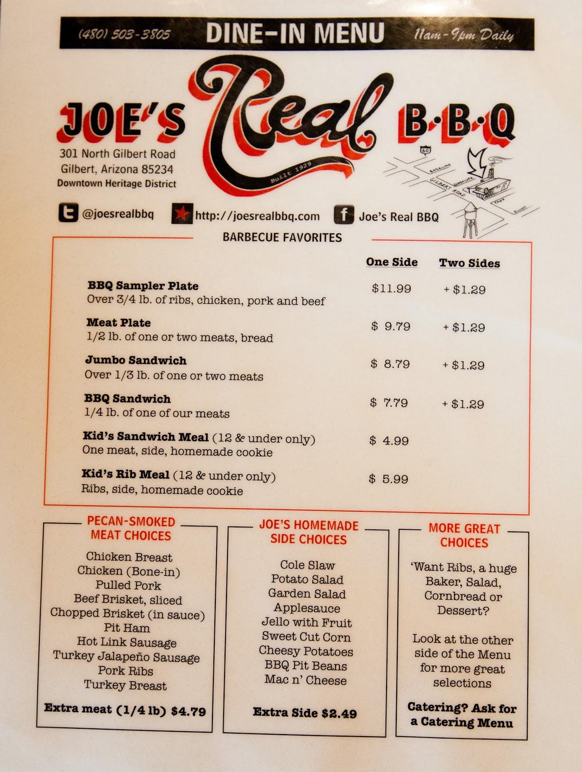Menu at Joe's Real BBQ, Gilbert, 301 N Gilbert Rd bldg 2