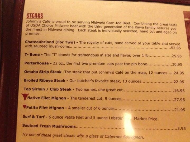 Menu at Johnny's Cafe, Omaha