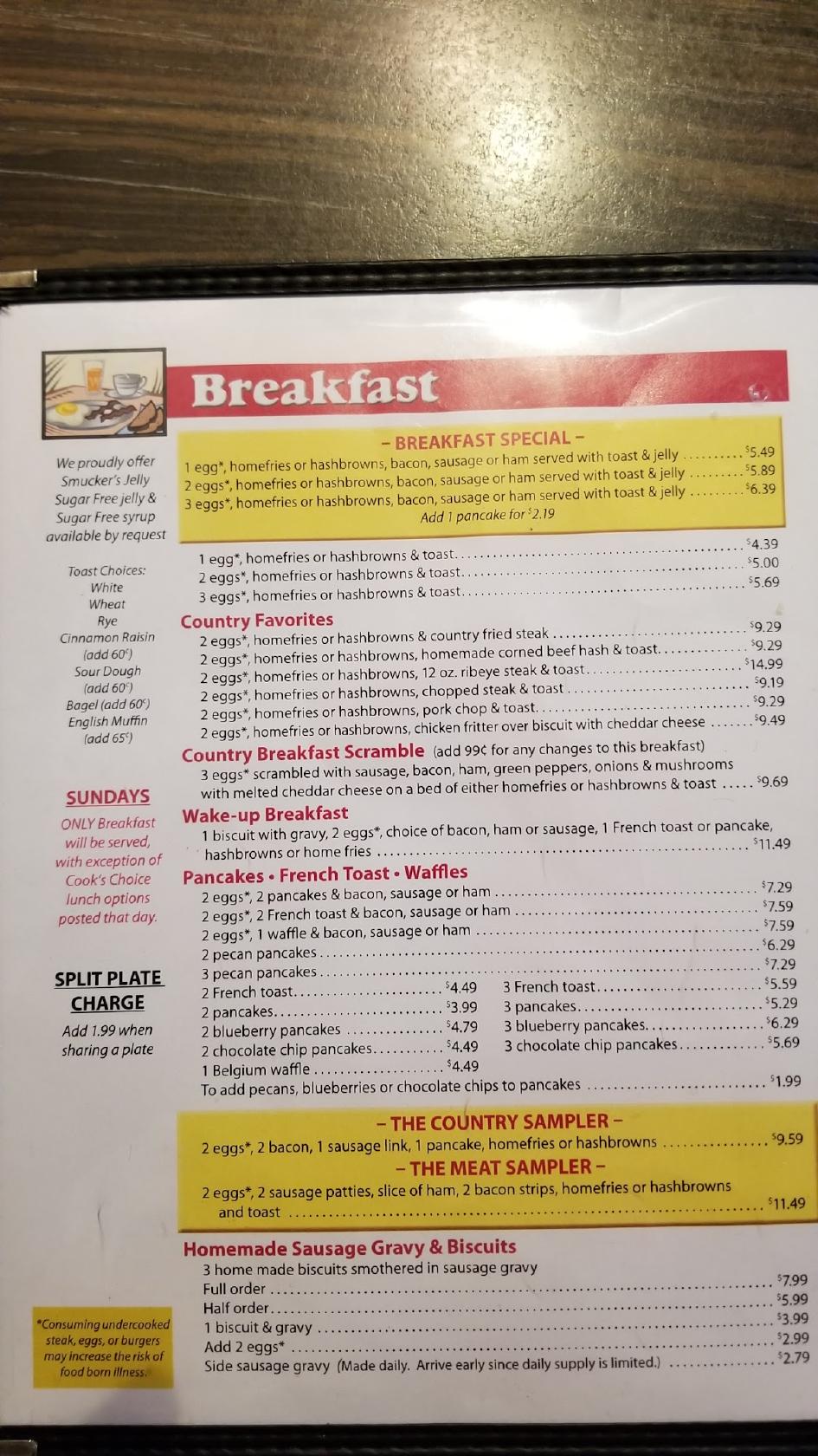 Menu at Jordan's Country Diner restaurant, Huron