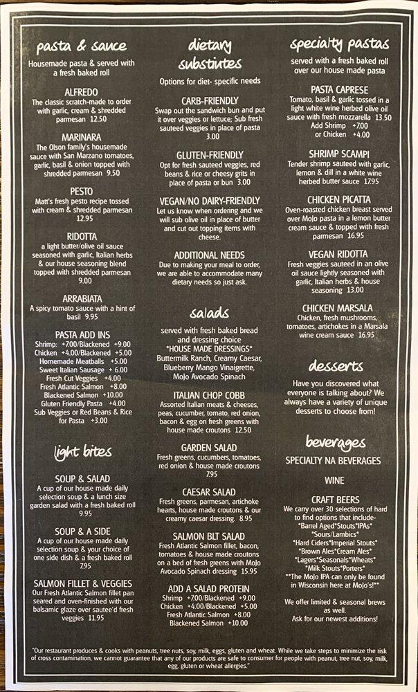 Menu at MoJo's Pasta House & Cajun Cook Shack restaurant, Marshfield