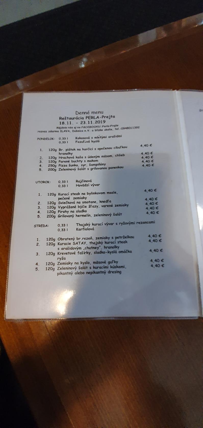 Menu at PERLA restaurant, Slovakia