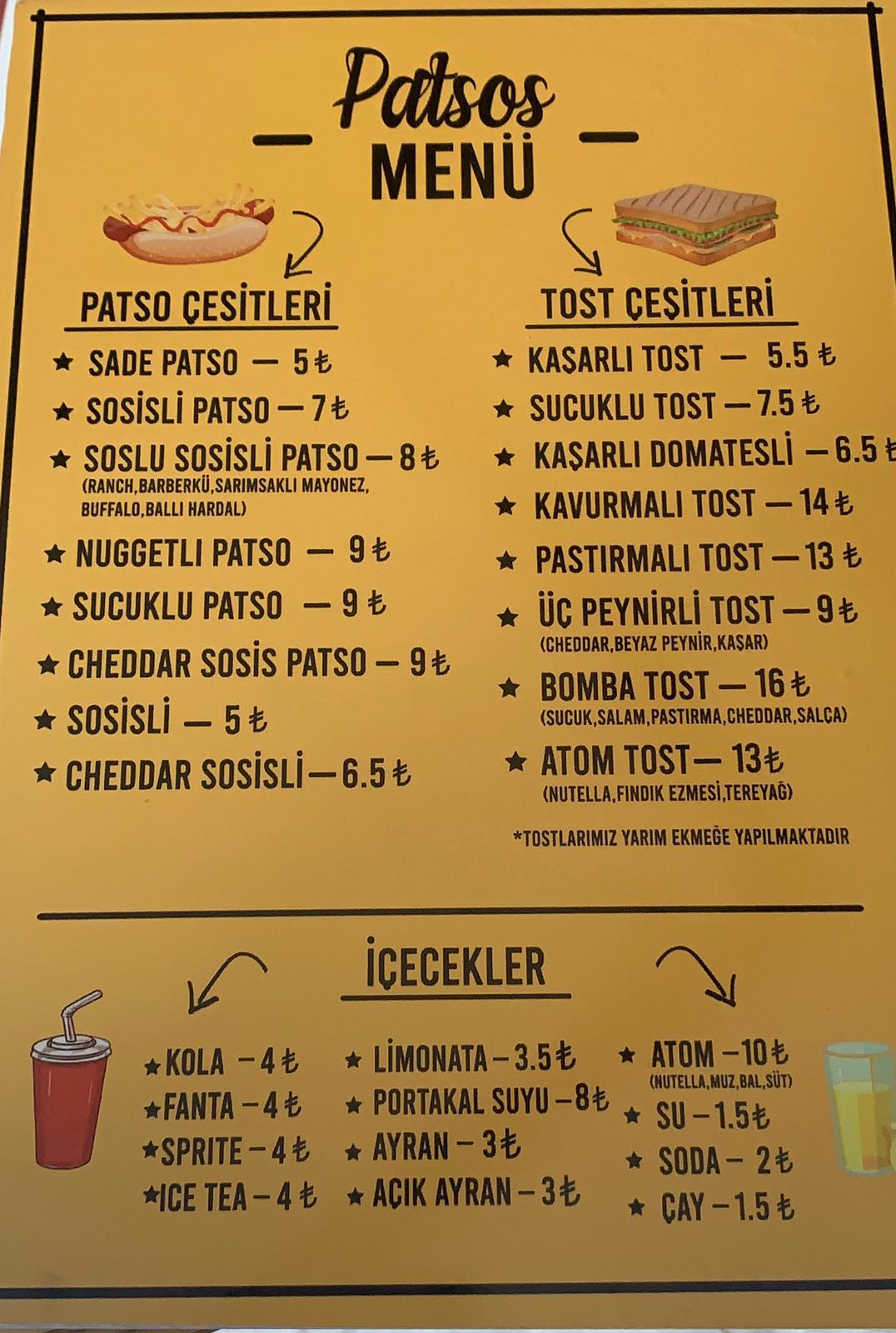 Menu at Patso Cafe, Istanbul, Uğurlu Sokağı