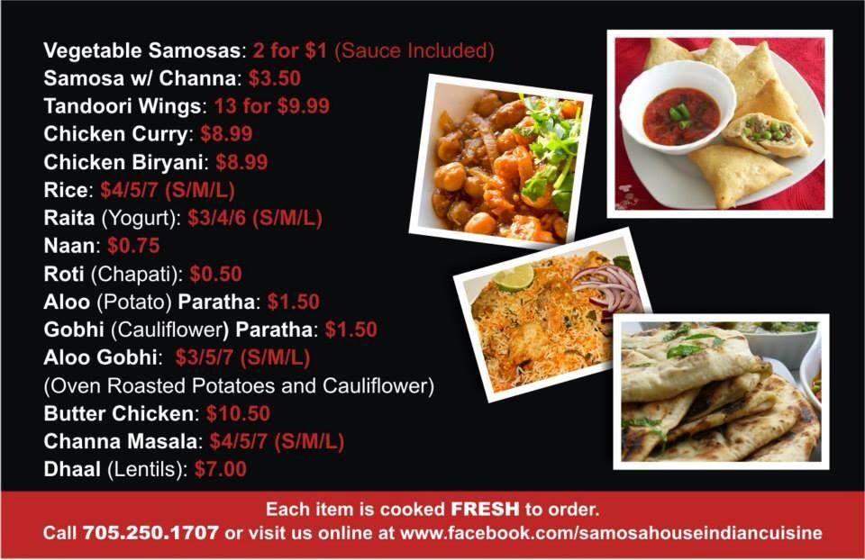 Menu at Samosa House restaurant, New Tecumseth