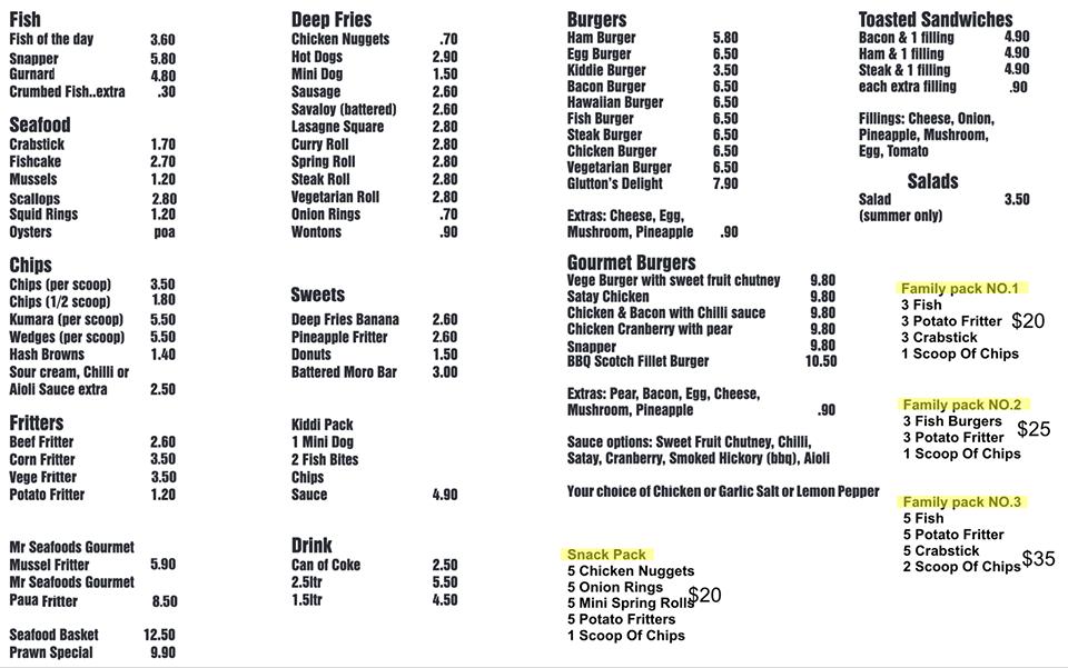 Menu at Snappers Fish and Chips restaurant, New Plymouth
