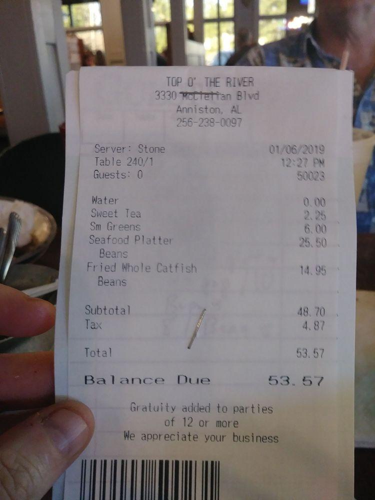 Menu at Top O' the River restaurant, Anniston