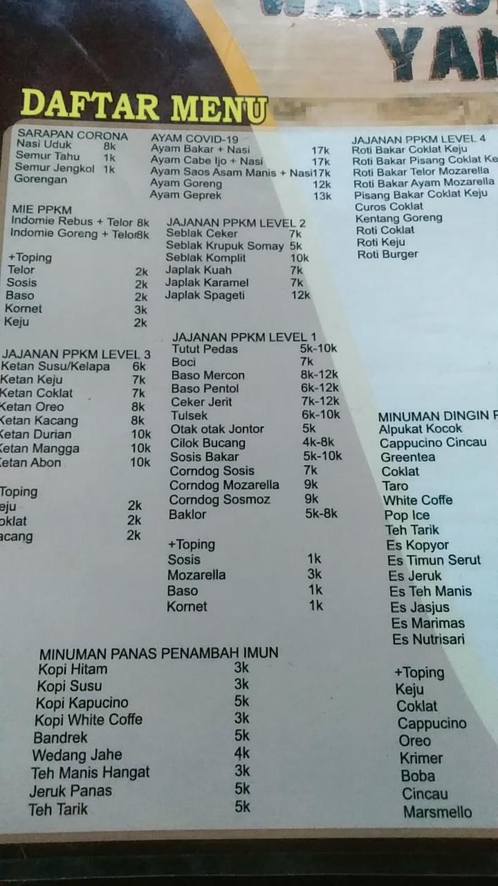 Menu at Wakop Yani, Benda