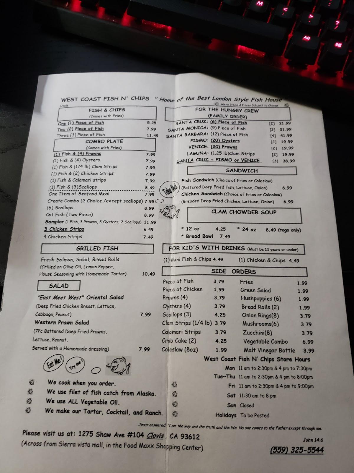 Carta del restaurante West Coast Fish N' Chips, Clovis, Shaw Ave # 104
