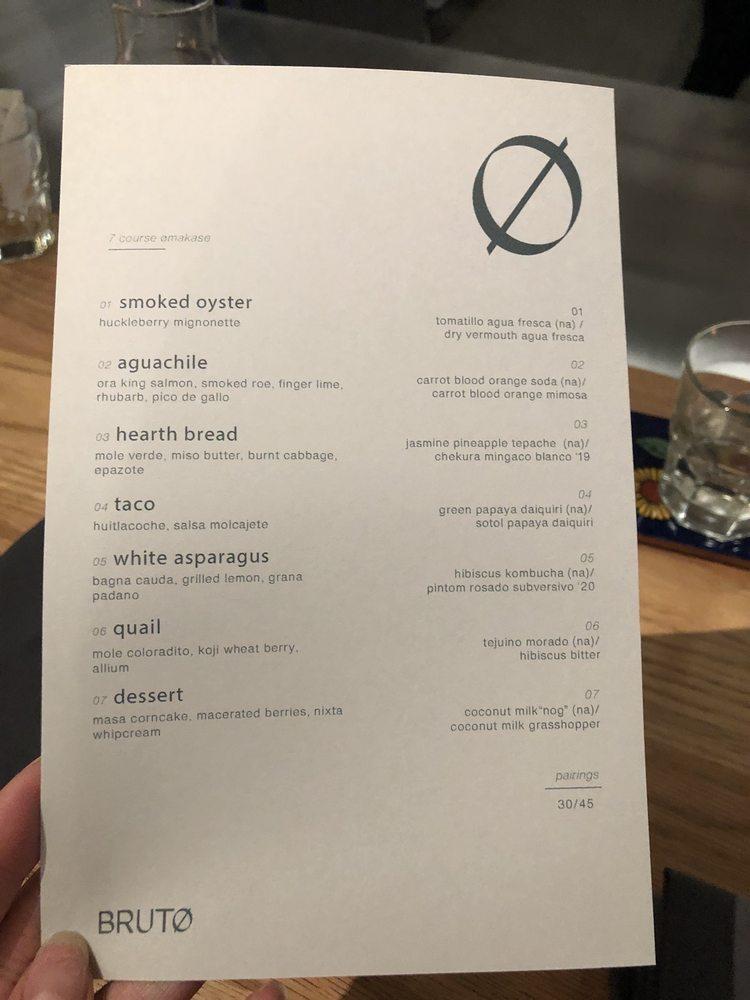 Menu at BRUTO cafe, Denver