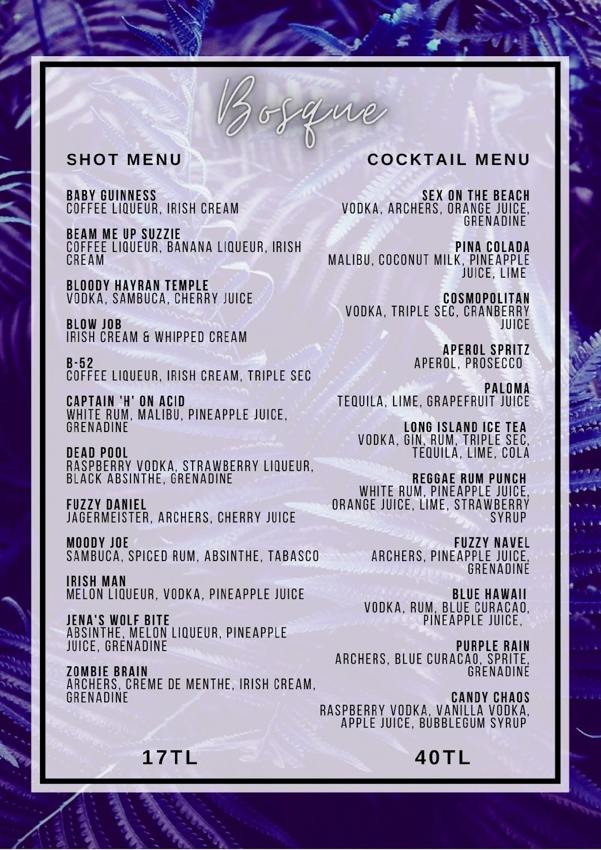 Menu at Bosque Bar, Cyprus