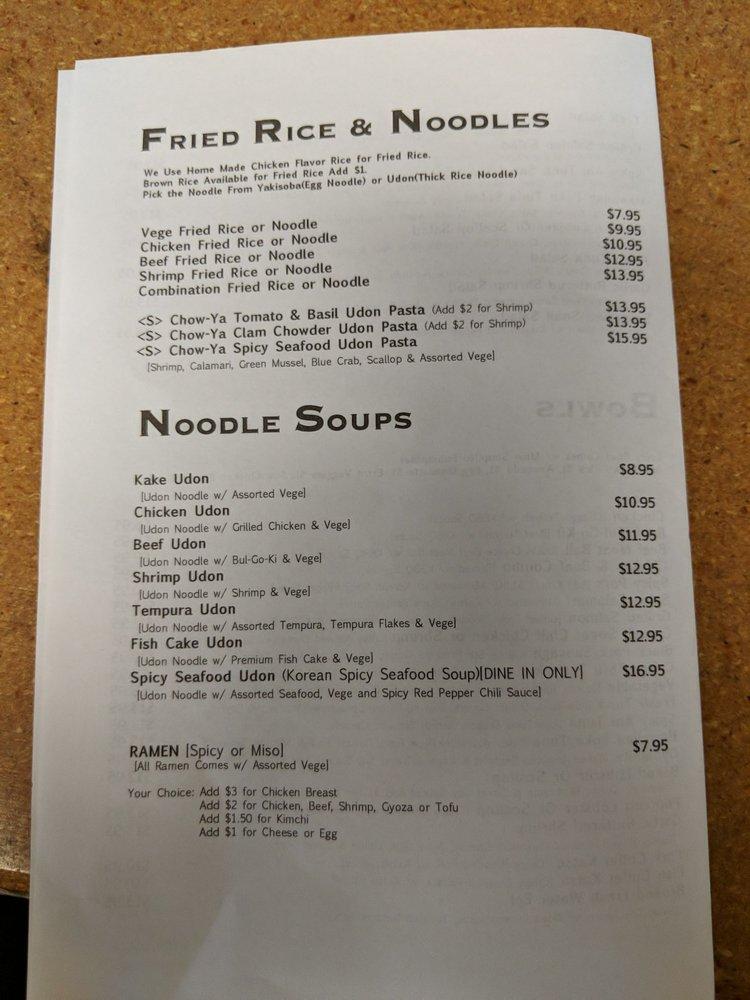 Menu at Chow-Ya restaurant, Lompoc