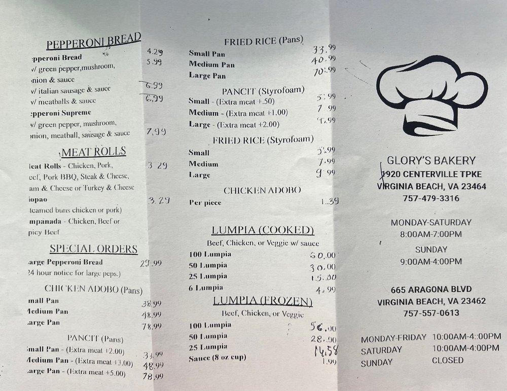 Menu at Glory's Bakery, Virginia Beach, 665 Aragona Blvd