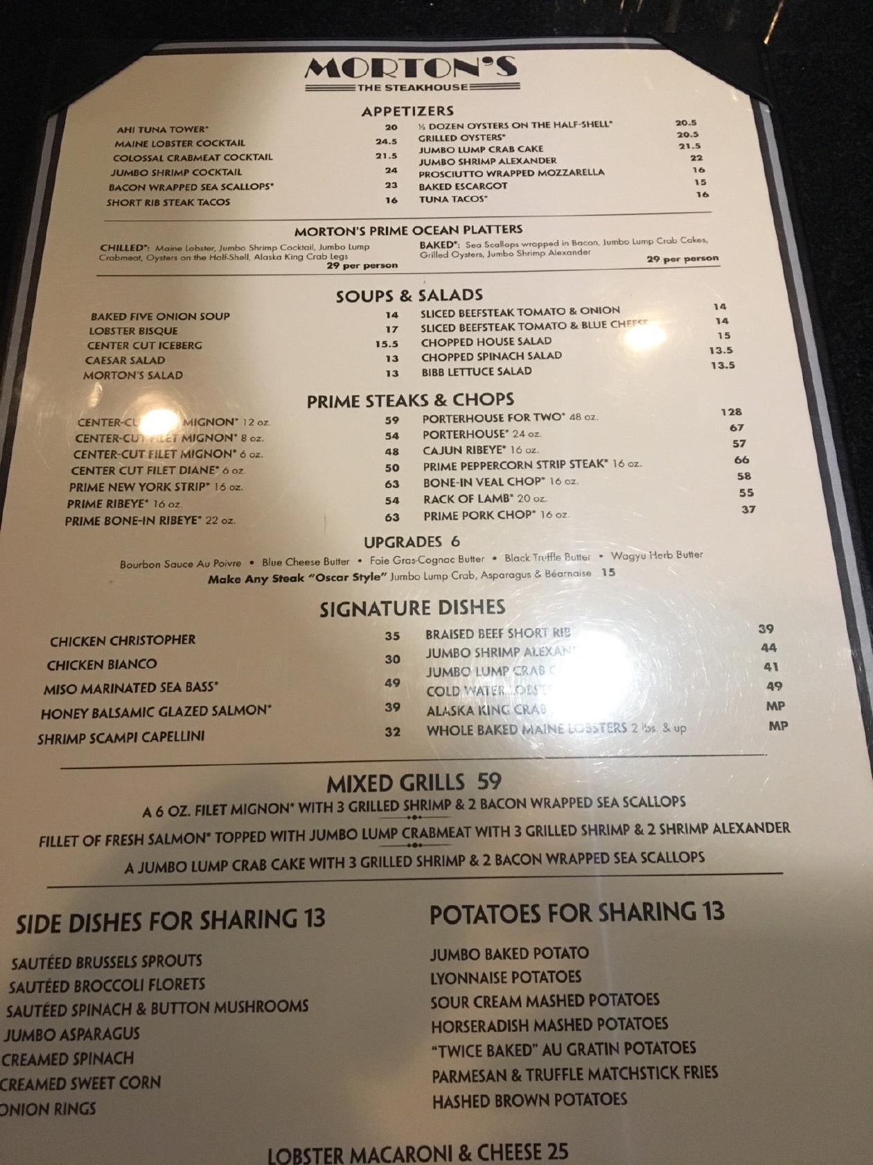 Menu at Morton's The Steakhouse, Troy