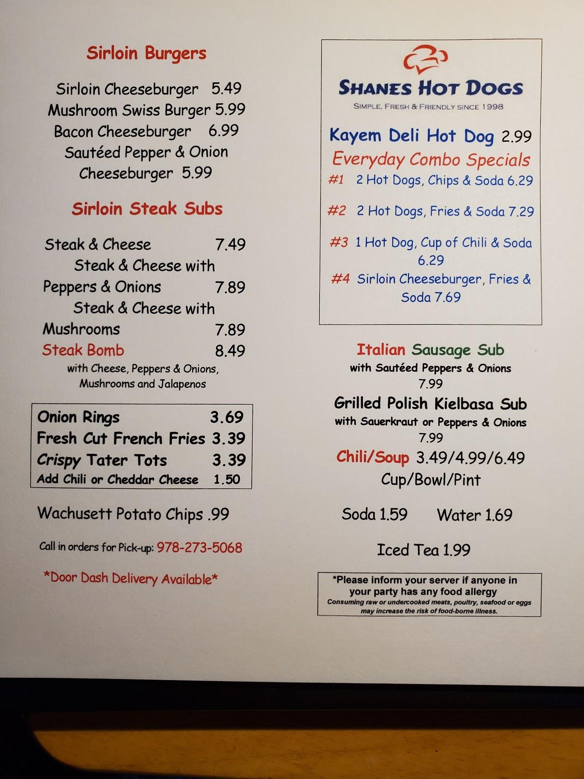 Menu at Shanes Hot Dogs restaurant, Gardner