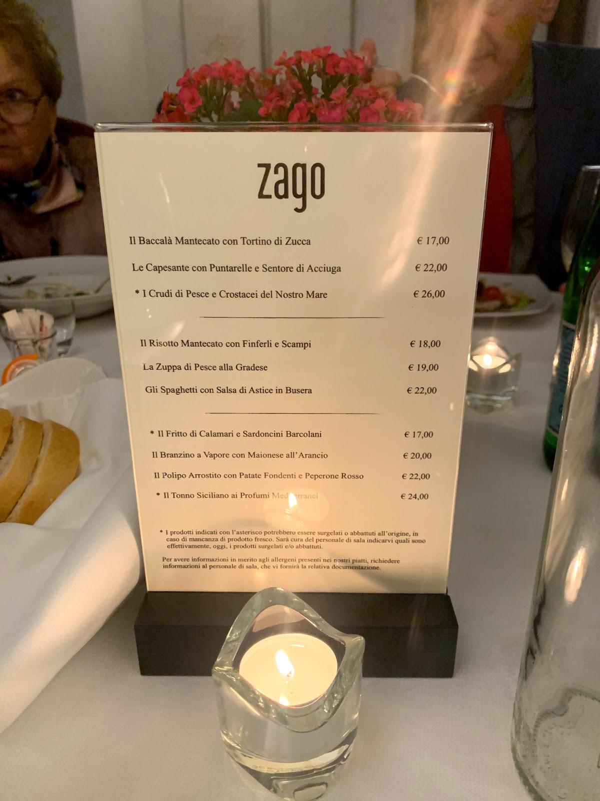 Menu da Zago ristorante, Tricesimo, Via S. Giuseppe