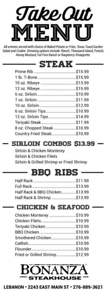 Menu at Bonanza steakhouse, Lebanon, Main St