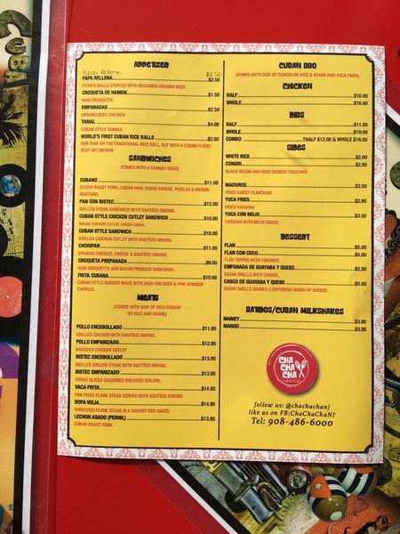 Menu at Cha Cha Cha Cuban Cafe, Kenilworth