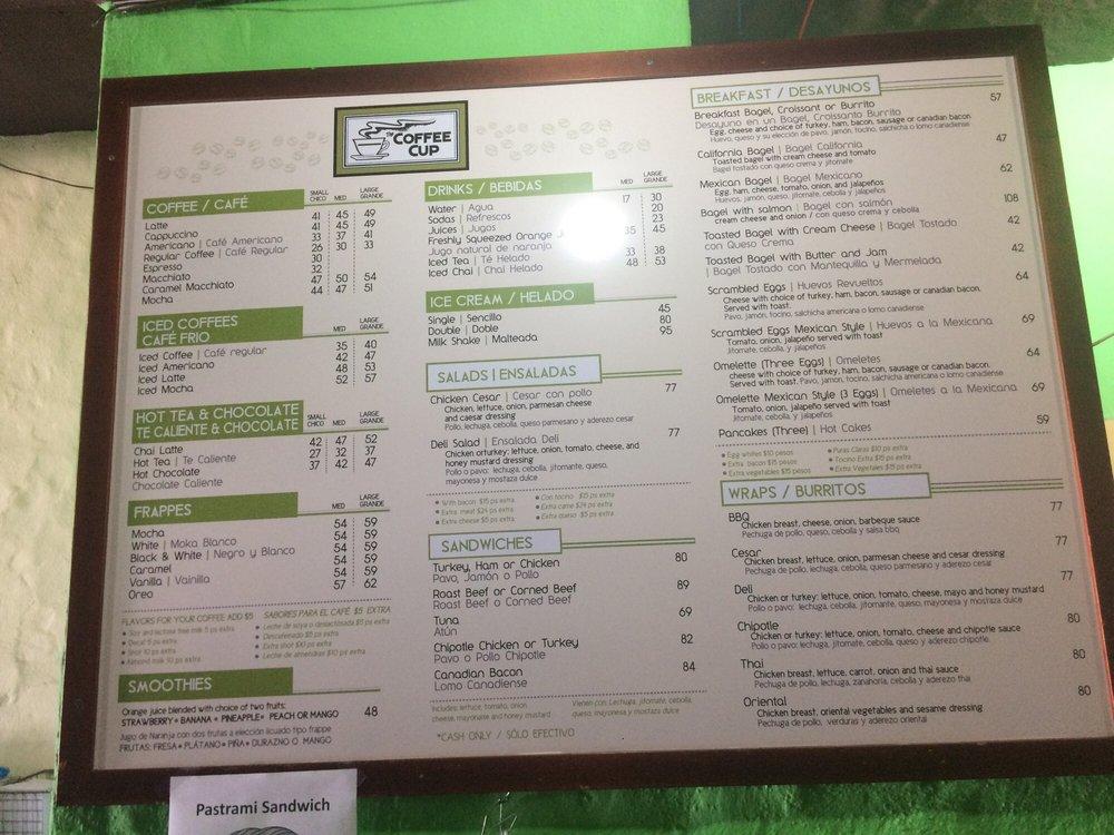 Menu at Coffee Cup cafeteria, Puerto Vallarta, Paseo de La Marina 14-A
