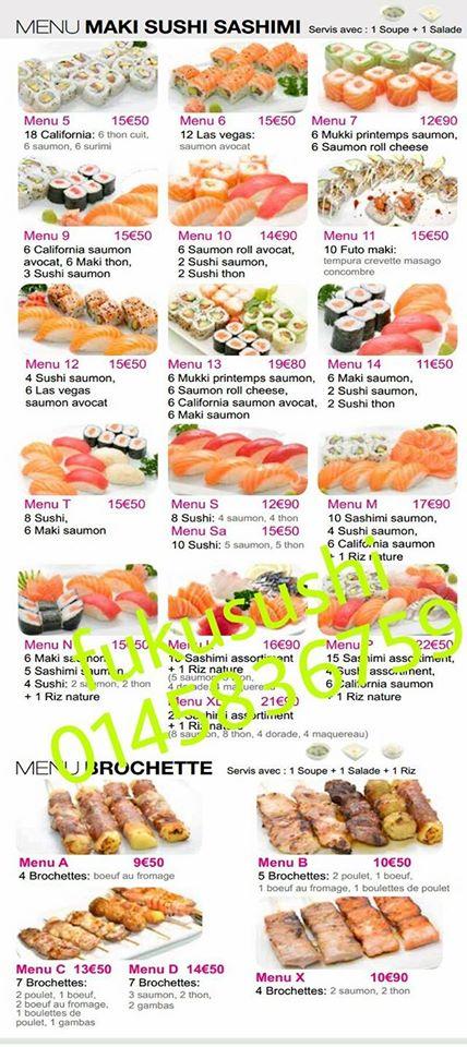 Menu at Fukusushi restaurant, Paris