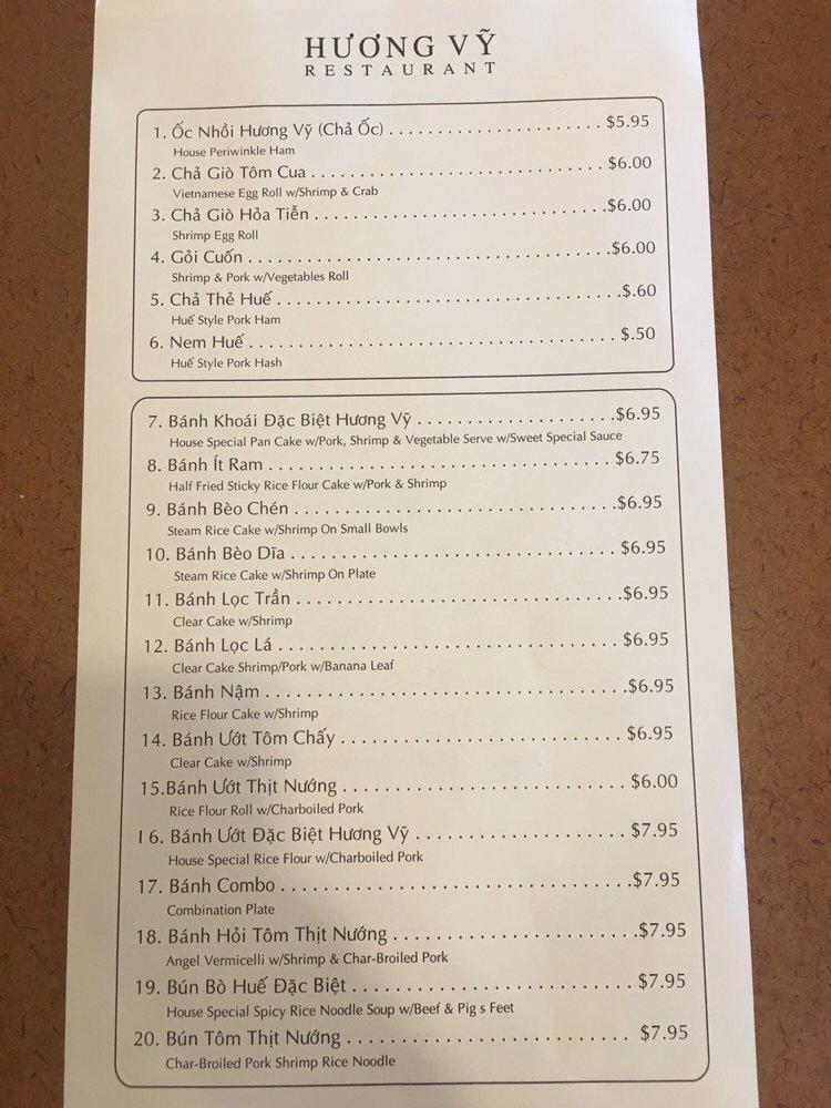 Menu at Huong Vy Restaurant, Westminster