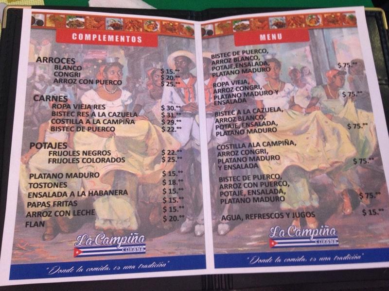 Menu at La Campiña Cubana restaurant, Monterrey, Albino Espinosa 515A