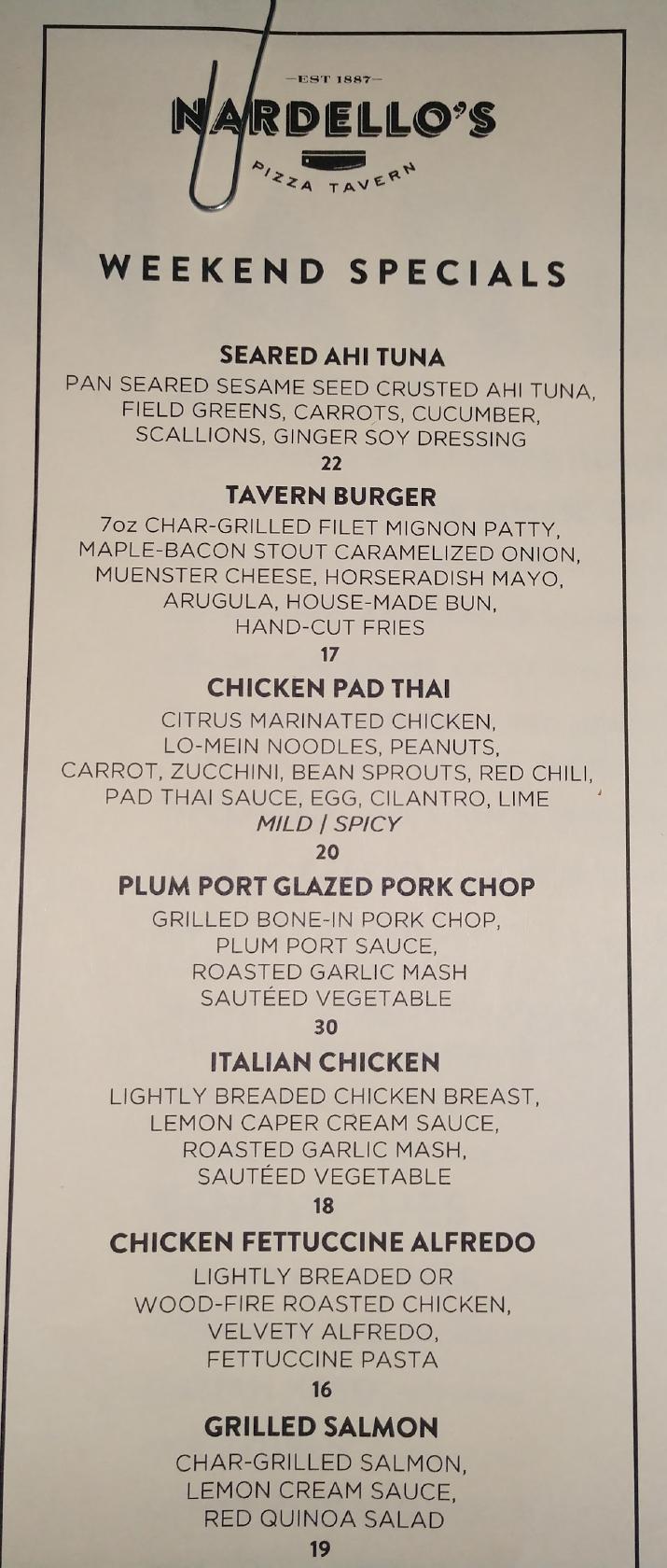 Menu at Nardello's pizzeria, Mount Pleasant
